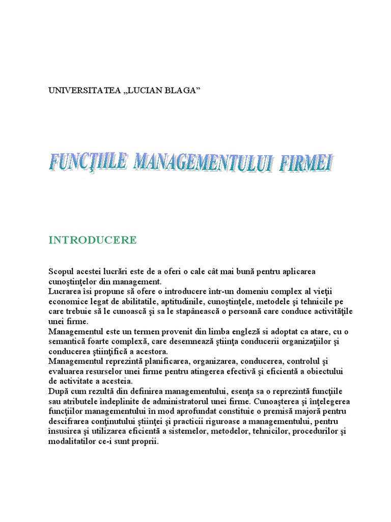 Functiile Managementului Firmei | PDF
