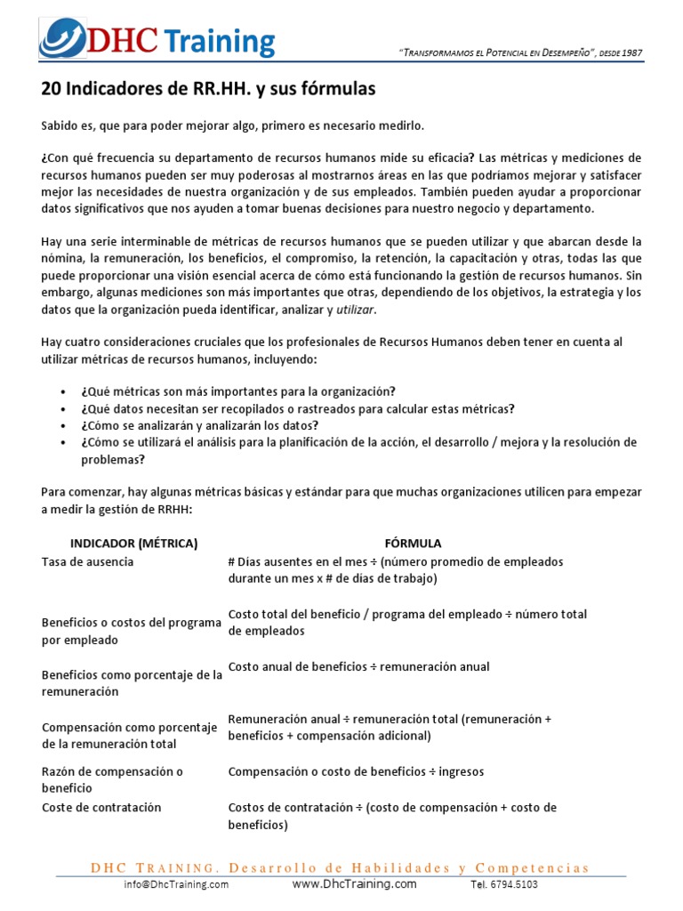 20 Indicadores de RRHH-DHC TRAINING | PDF | Gestión de recursos humanos ...