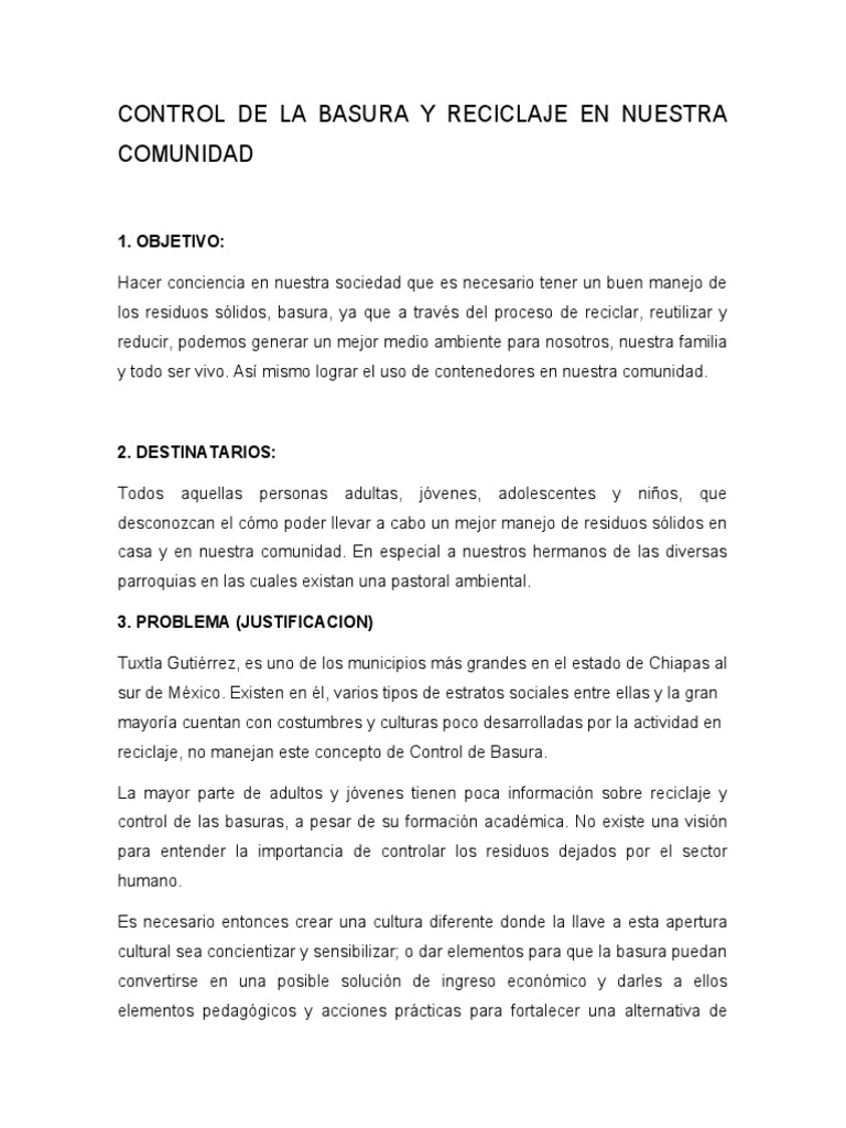 Control de La Basura y Reciclaje en Nuestra Comunidad | PDF | Reciclaje | Residuos