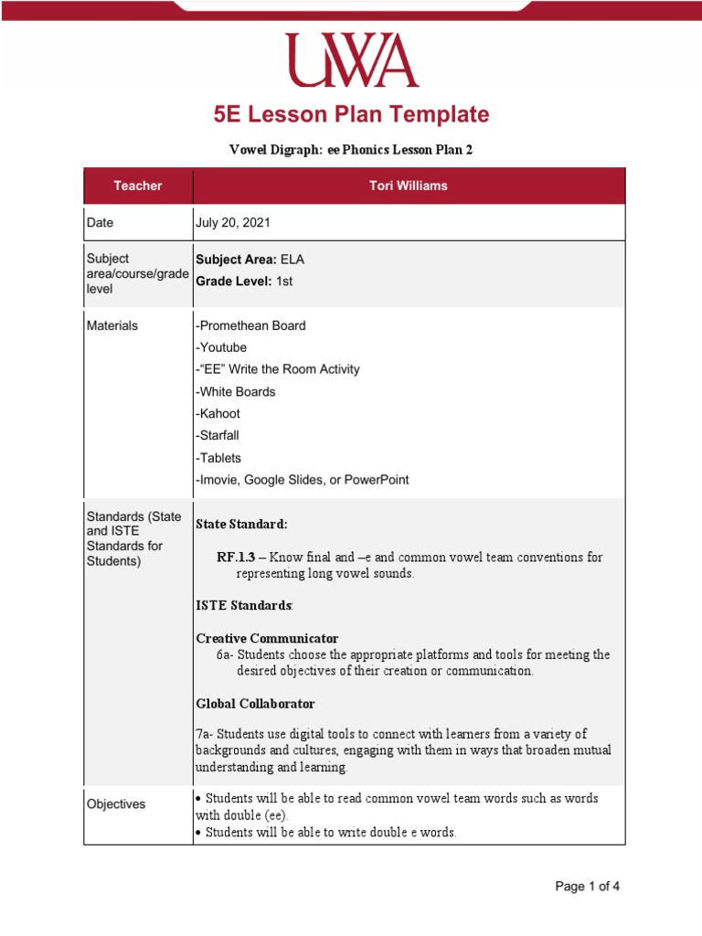 5E Lesson Plan Template | PDF | Lesson Plan | Phonics