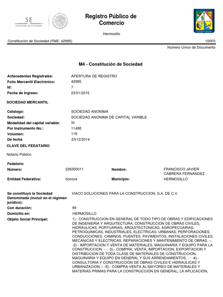 Registro Público de Comercio: M4 - Constitución de Sociedad | PDF | Sectores Economicos ...