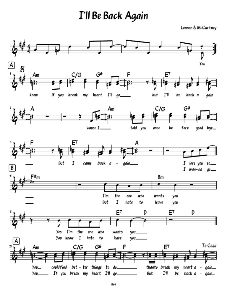 I'll Be Back Again: E F G C/G A | PDF | The Beatles | British Pop Songs