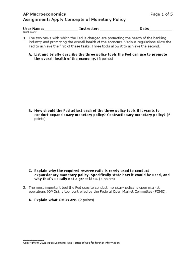 AP Macroeconomics Assignment: Apply Concepts of Monetary Policy | PDF ...