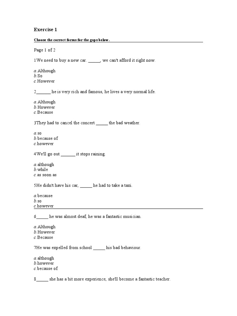 Exercise 1: A.although B.so C.however | PDF