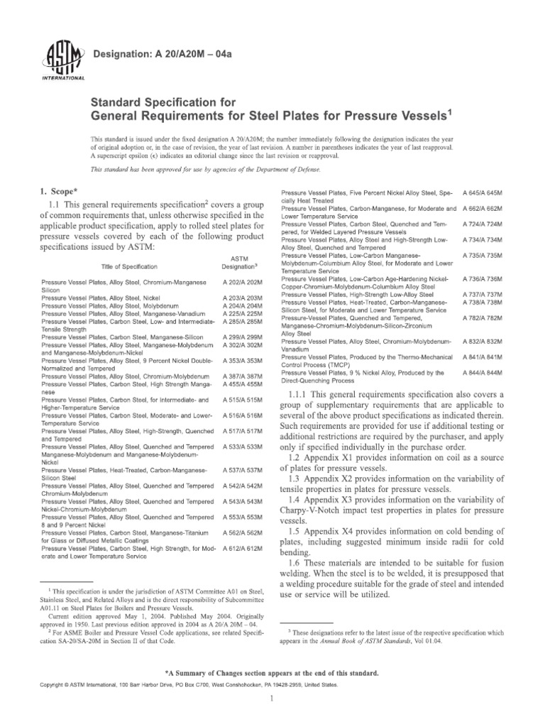 ASTM A20.04 General Requirements For Steel Plates For Pressure Vessels1 ...
