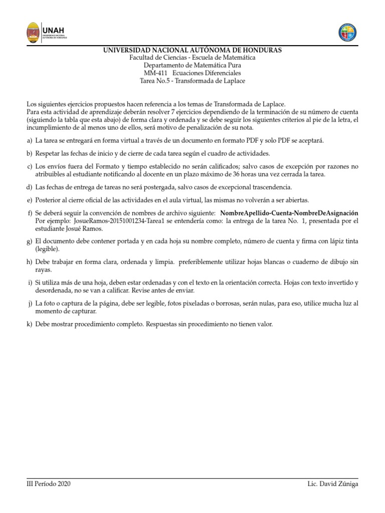 Tarea No 5 Transformada de Laplace IIIPAC 2020 | PDF | Análisis funcional | Integral