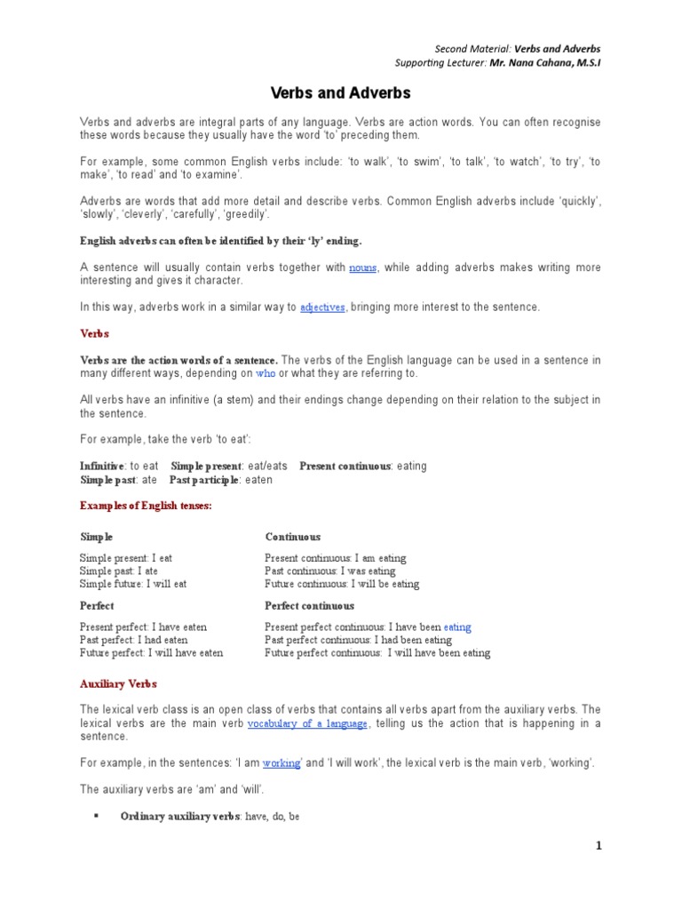 2nd Material - Verbs & Adverbs | PDF | Verb | Adverb