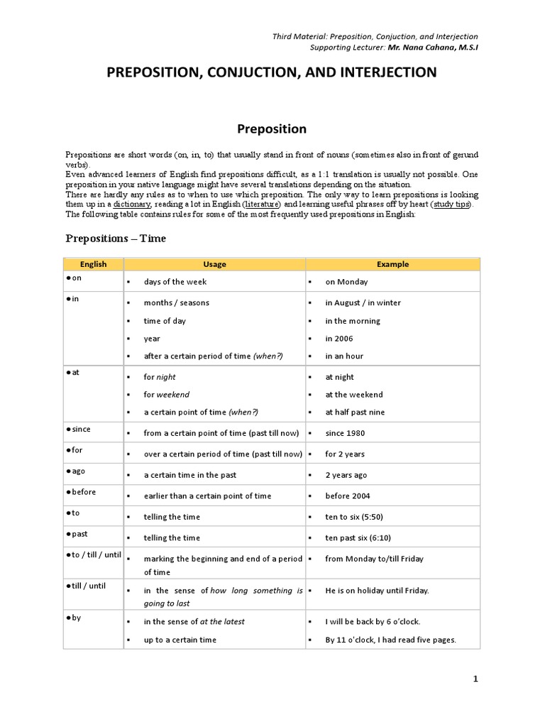 3rd Material Preposition Conjunction And Interjection Pdf Preposition And Postposition