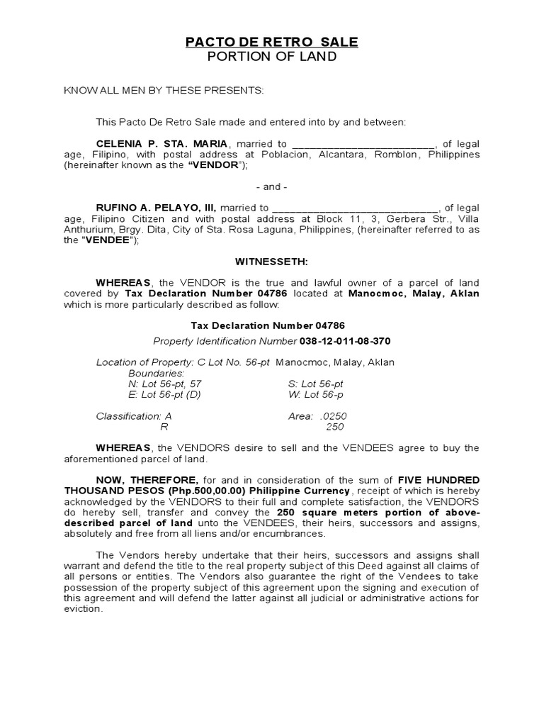 Deed of Sale Real Prop Pacto de Retro | PDF | Civil Law (Legal System ...