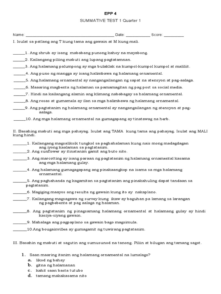EPP 4 Summative Test | PDF