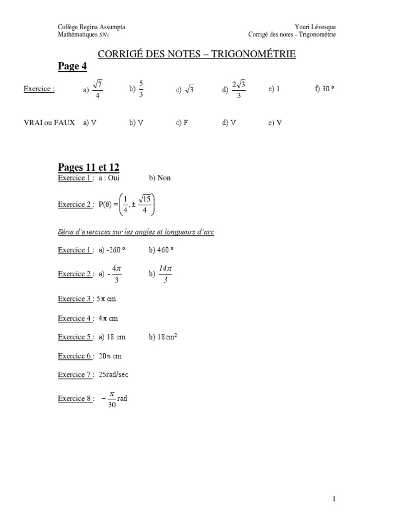 CorrigÉ Des Notes - Trigonométrie | PDF | Calcul | Combinatoire