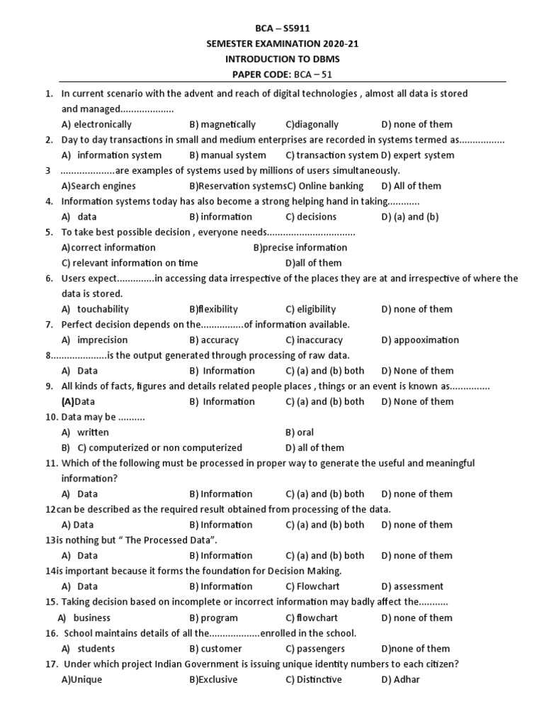 BCA - S5911 Semester Examination 2020-21 Introduction To Dbms Paper ...