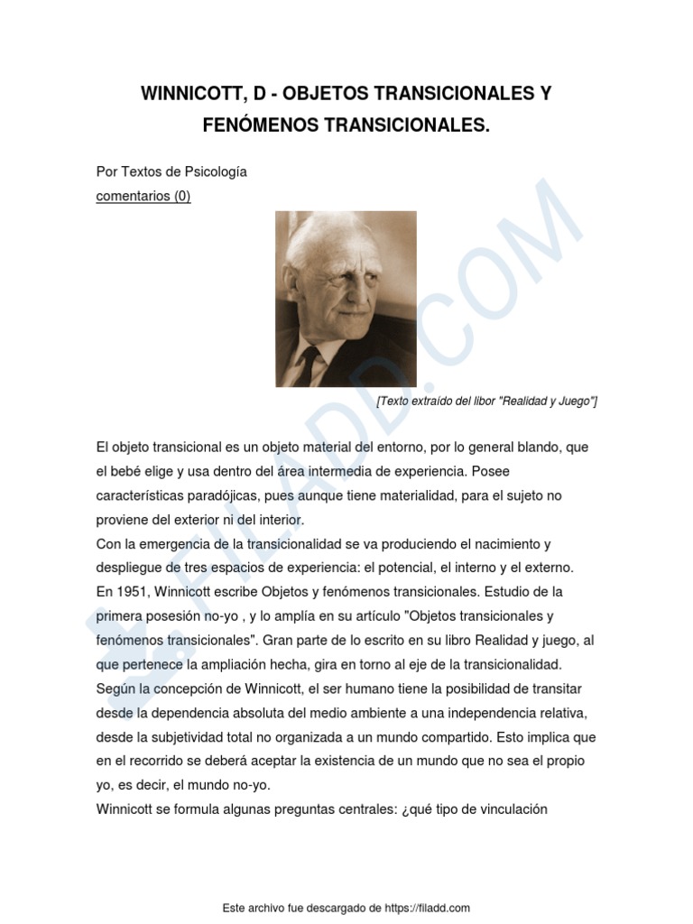 Winnicott Objetos Transicionales y Fenomenos Transicionales | PDF | La ...