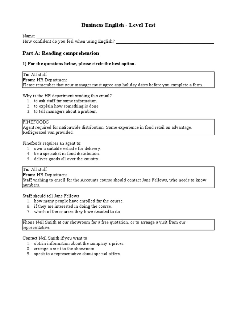 Business English - Level Test | PDF | Communication | Business