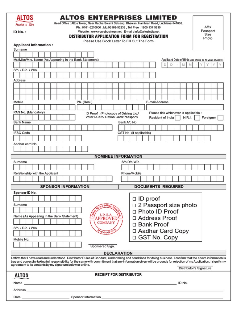 Altos Enterprises Limited: Distributor Application Form For ...