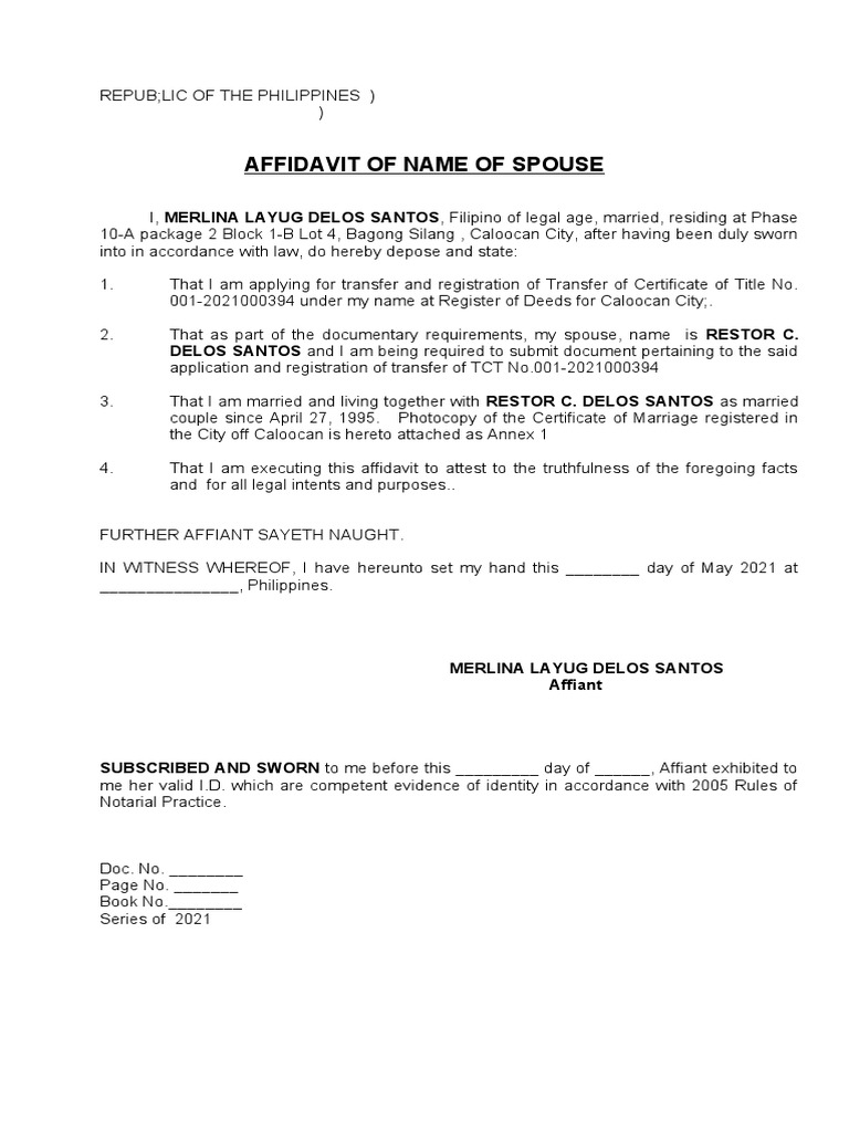 Affidavit of Name of Spouse: DELOS SANTOS and I Am Being Required To ...