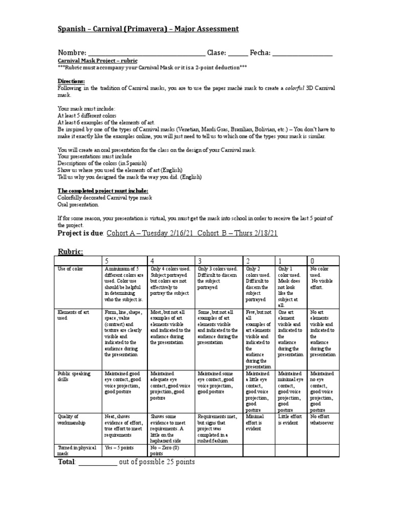 Carnival Mask Art Project Rubric | PDF | Carnival | Mask