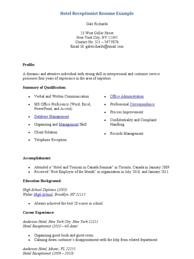 Hotel Receptionist Resume Example: Profile | Pdf