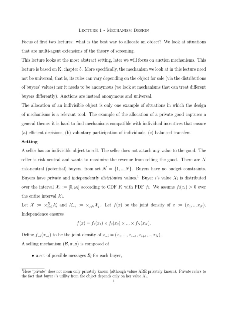 Lecture 1 Mechanism Design 2 | PDF | Mathematical Economics ...