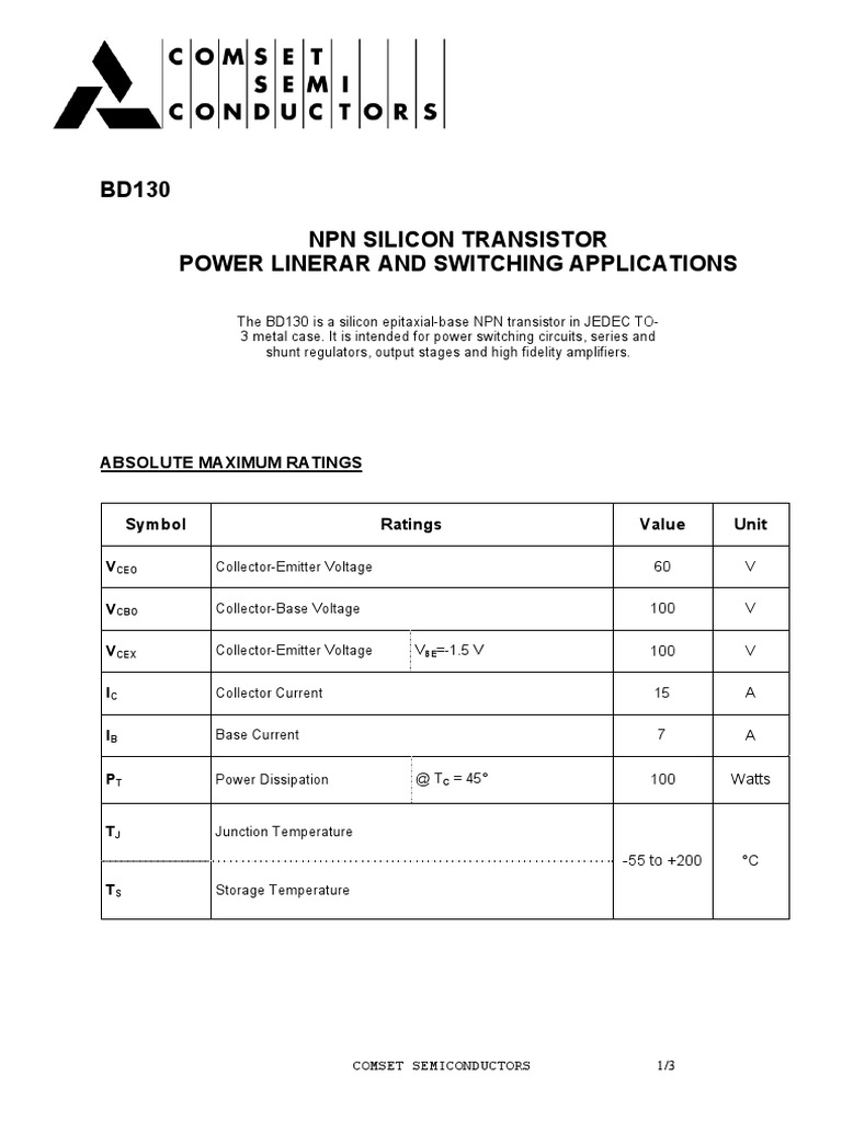 BD130 NPN Silicon Transistor Power Linerar and Switching Applications ...