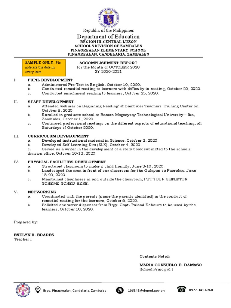 Sample Monthly Accomplishment Report | PDF | Communication | Pedagogy