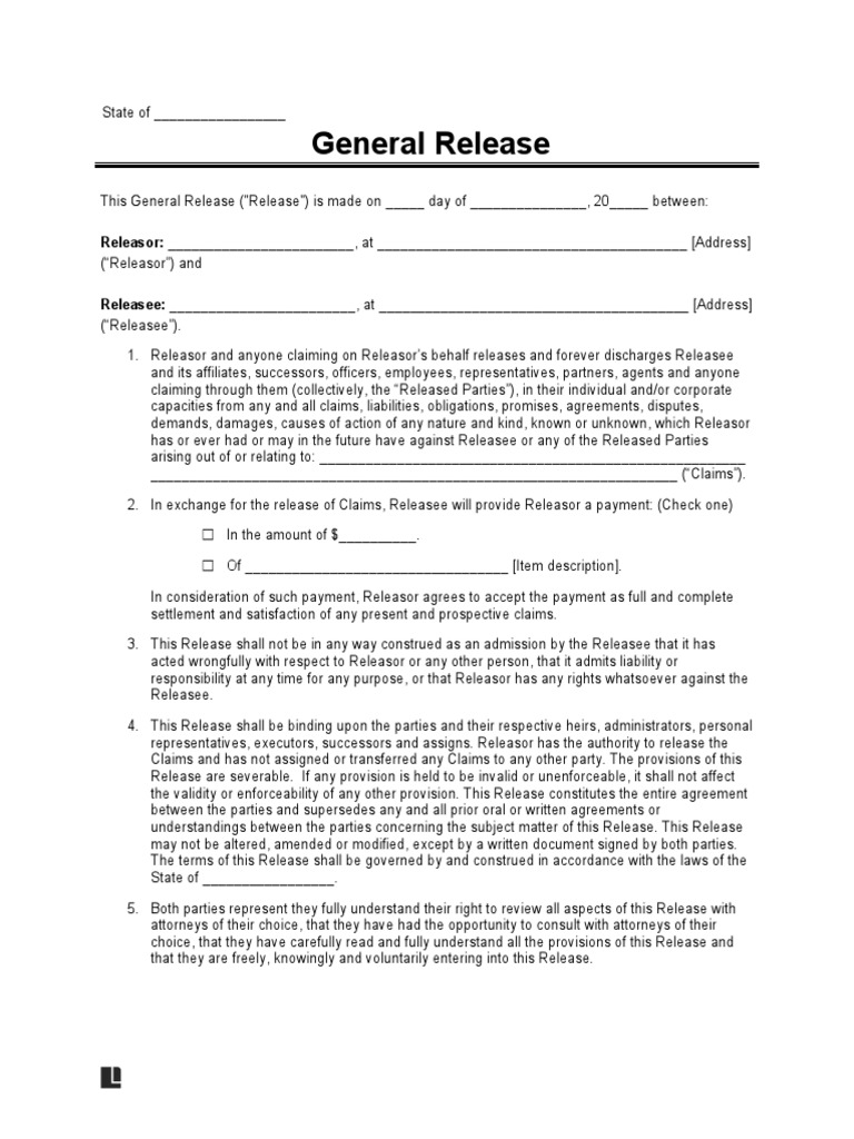 General Release Agreement Template | PDF | Legal Liability | Notary Public