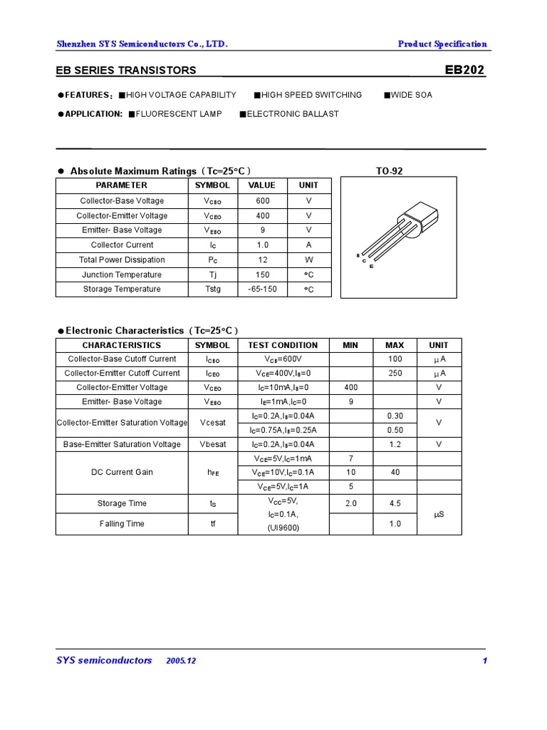Eb Series Transistors: Absolute Maximum Ratings TC 25 TO-92 | PDF ...