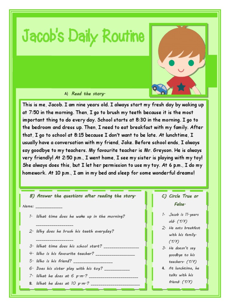 Daily Routine Reading Comprehension | PDF | Language Arts & Discipline ...