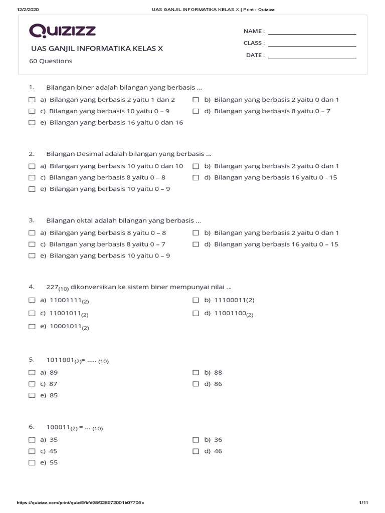UAS GANJIL INFORMATIKA KELAS X - Print - Quizizz | PDF | Metode & Bahan Ajar