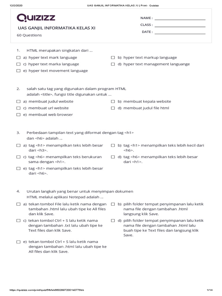 UAS GANJIL INFORMATIKA KELAS XI - Print - Quizizz | PDF | Komputer
