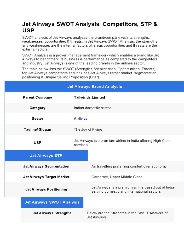 Jet Airways SWOT Analysis, Competitors, STP & USP | PDF | Swot Analysis ...