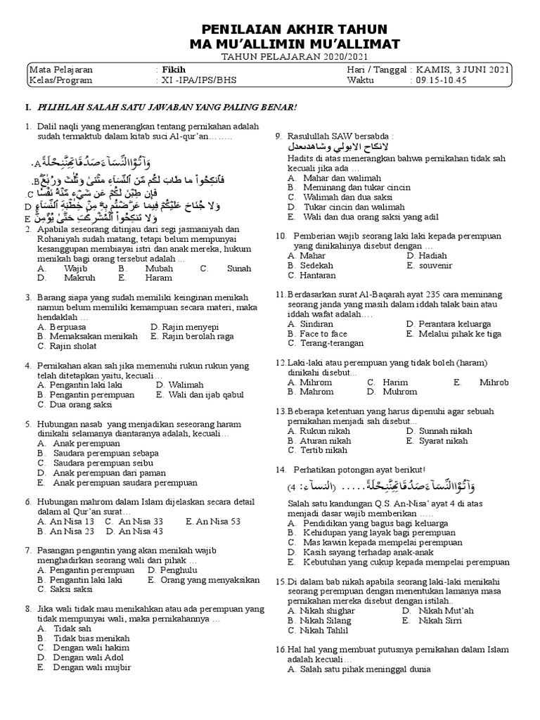 Soal PAT Fiqih Kls 11 SMT 2 TP 2020 2021 Edit | PDF