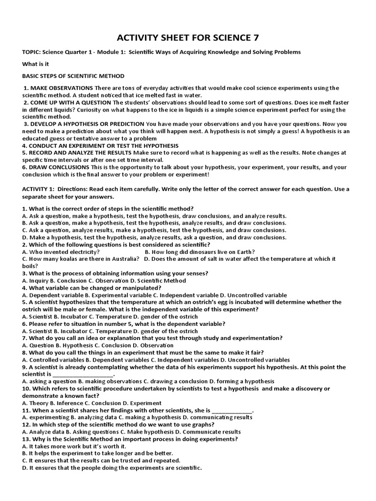 ACTIVITY SHEET FOR SCIENCE 7 Walang Module | PDF | Experiment ...