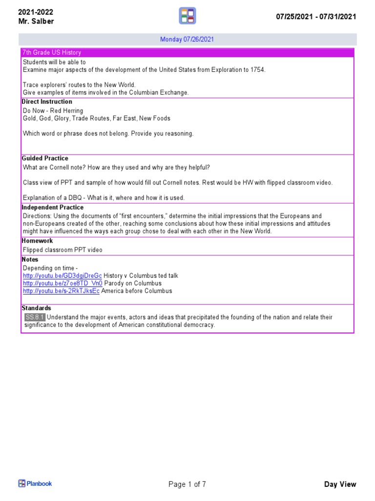 7th Grade US History Lesson Plans Week 1 | PDF | New World | Exploration