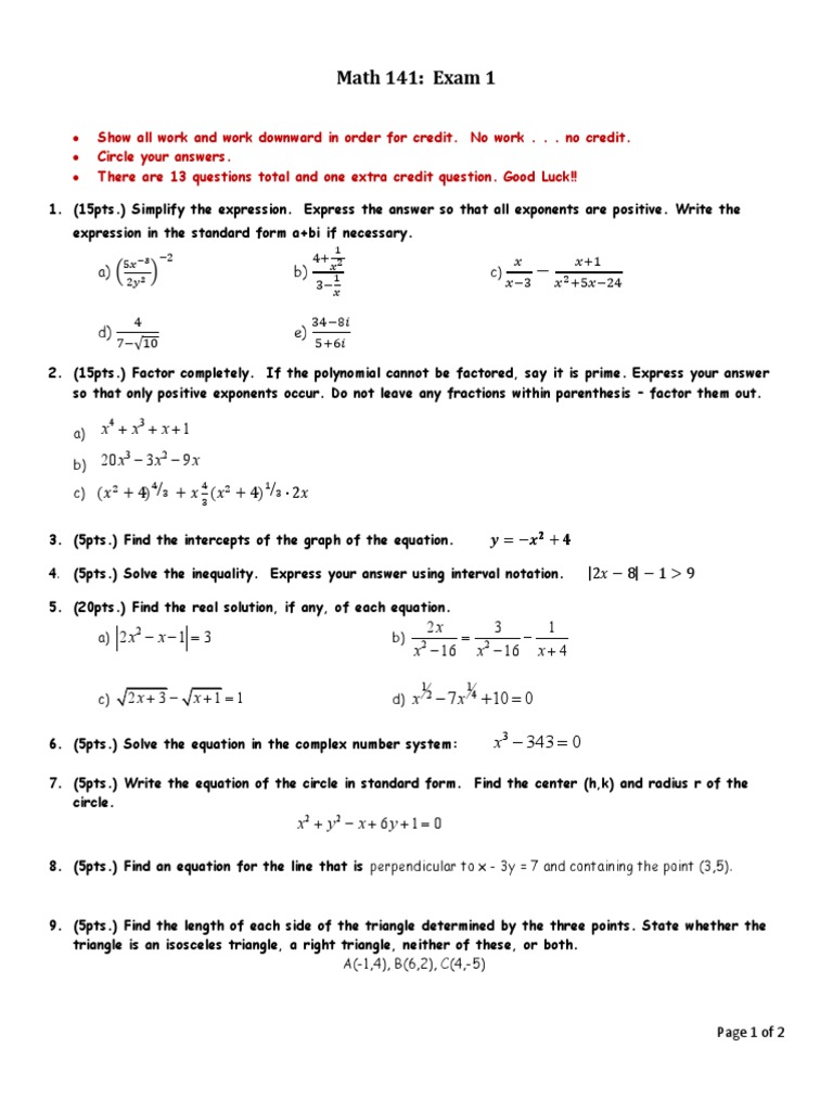 College Algebra Exam 1 Answers | PDF | Equations | Elementary Mathematics