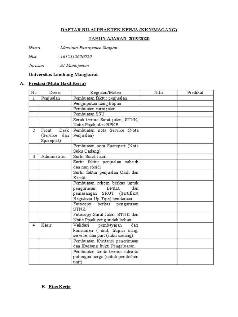 Daftar Nilai Praktek Kerja | PDF