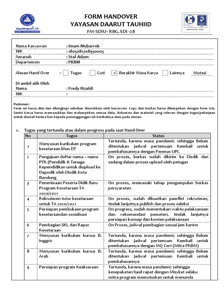 Formulir Handover Pekerjaan PKBM | PDF