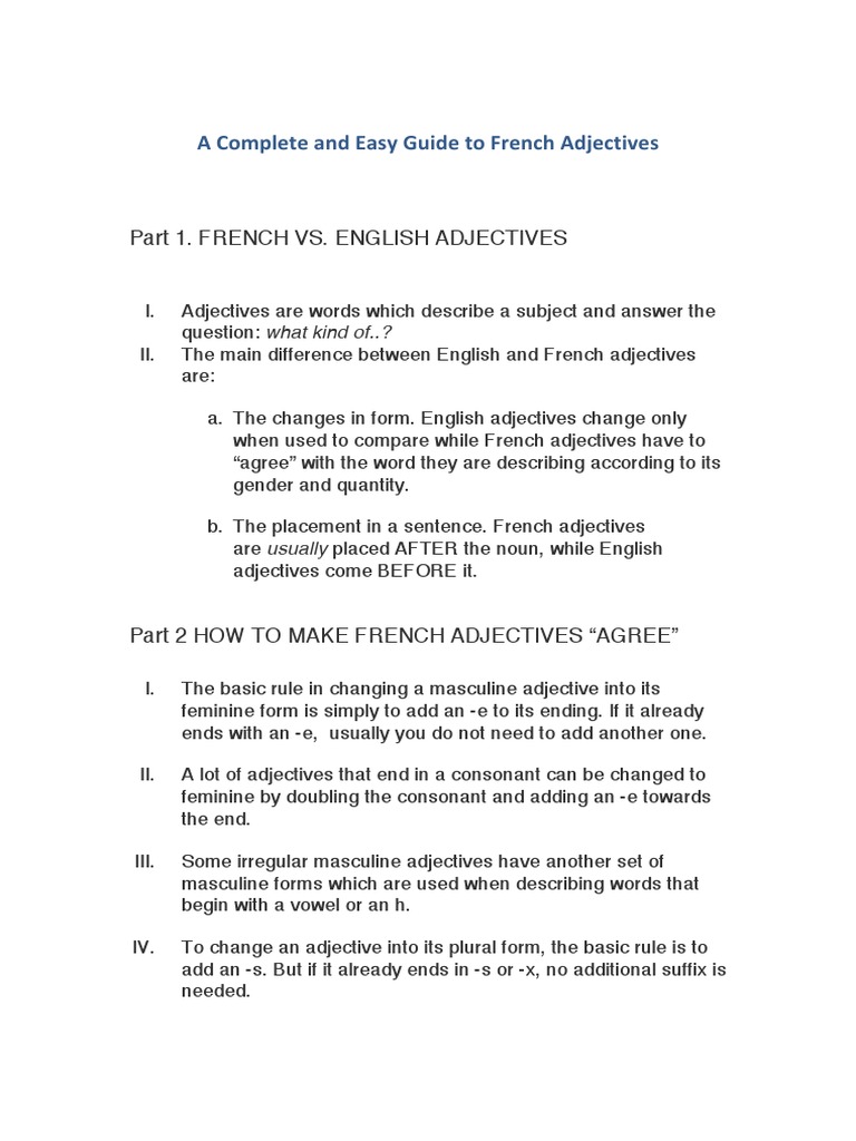 Guide to French Adjective Usage | PDF | Adjective | Grammatical Gender