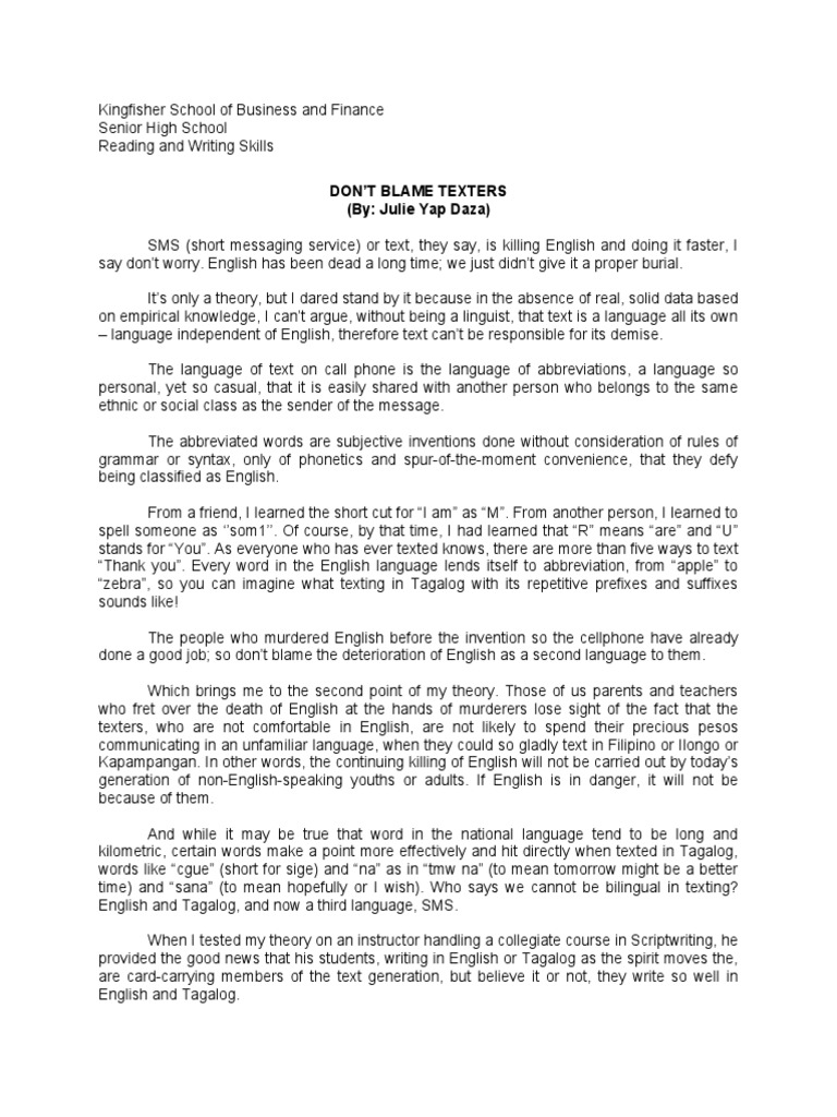 Reading Activity 2-Don't Blame Texters | PDF | Text Messaging | English ...