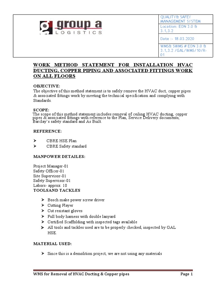 Work Method Statement FOR HVAC DuctingCopper Pipes | PDF | Safety ...