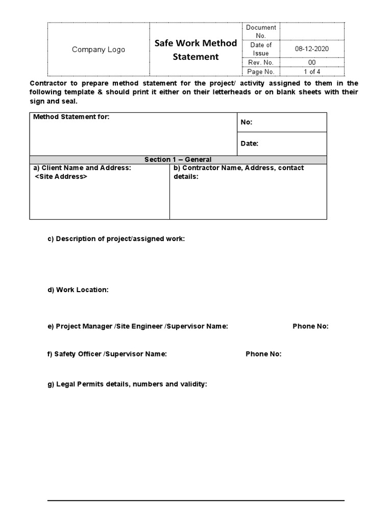 Method Statement Format | PDF | Dangerous Goods | Personal Protective ...