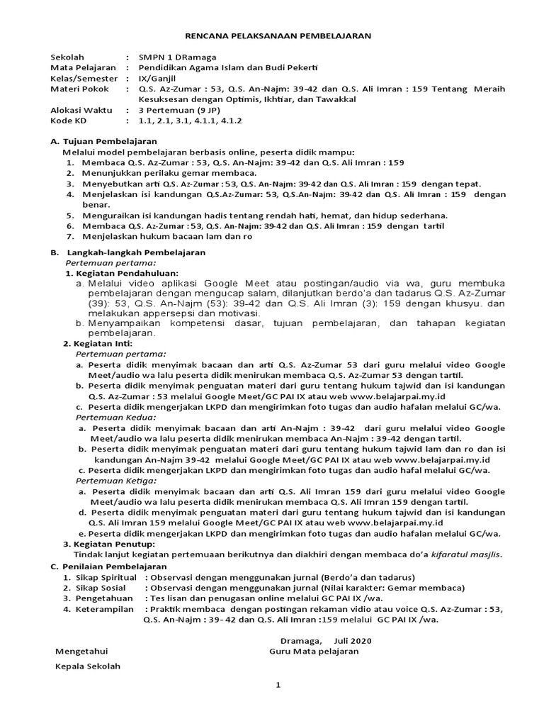 RPP Daring PAI Kelas 9 Sem Ganjil Tenny Atiyah, S.Pd.I | PDF