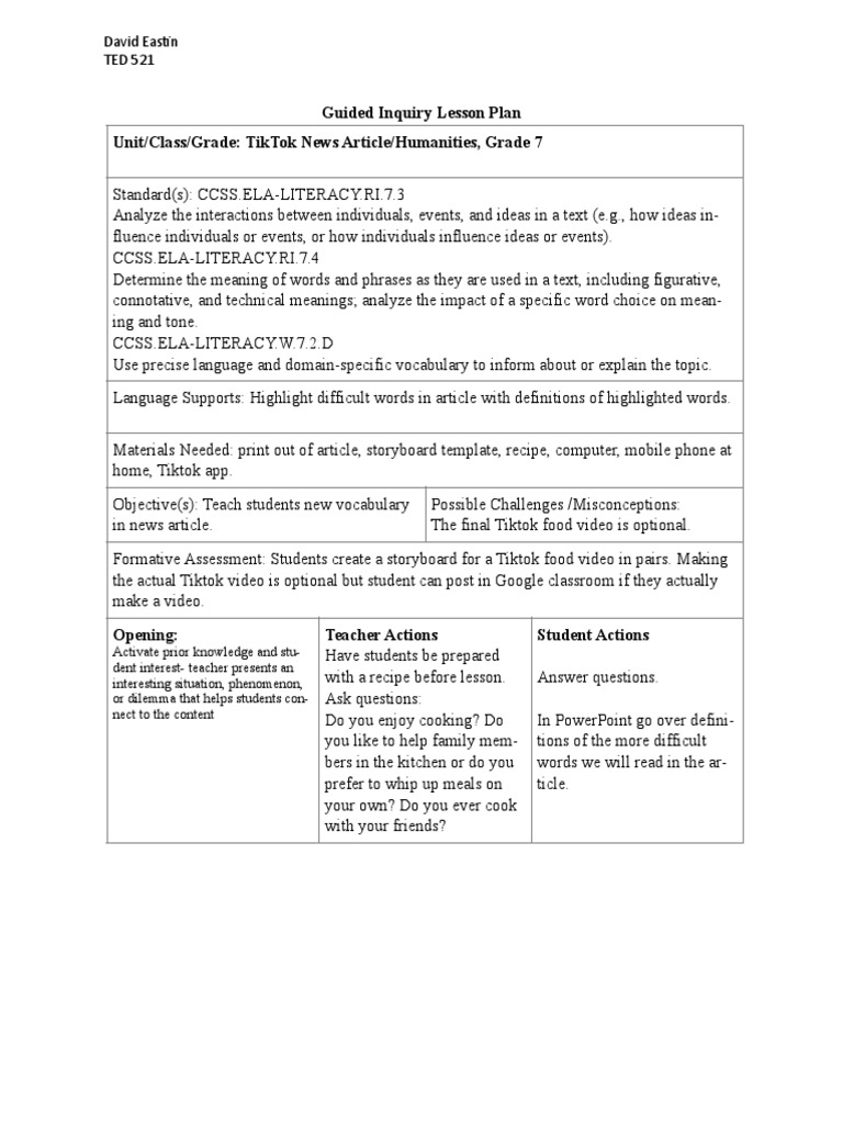 Guided Inquiry Lesson Plan Unit/Class/Grade: Tiktok News Article ...
