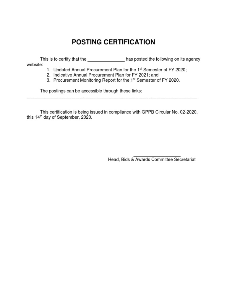 Posting Certification (Sample Format) | PDF