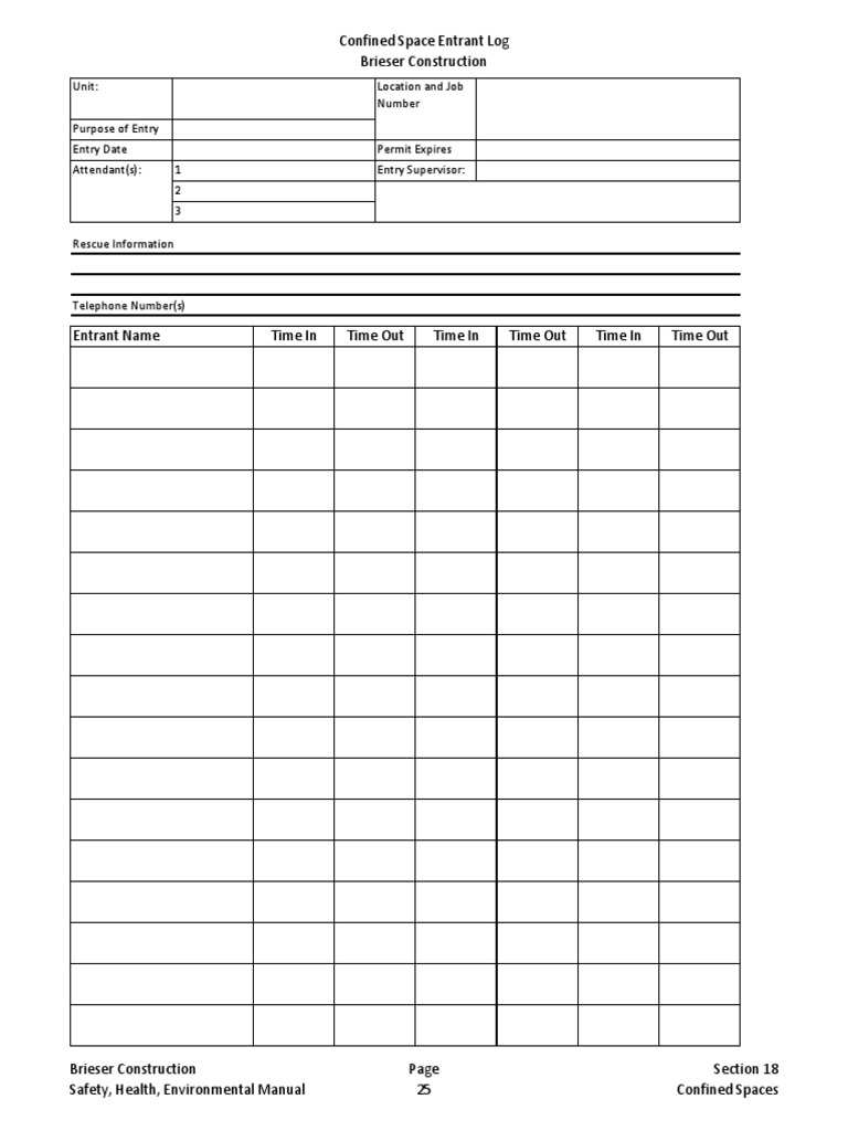 Confined Space Safety Log | PDF | Workplace | Safety