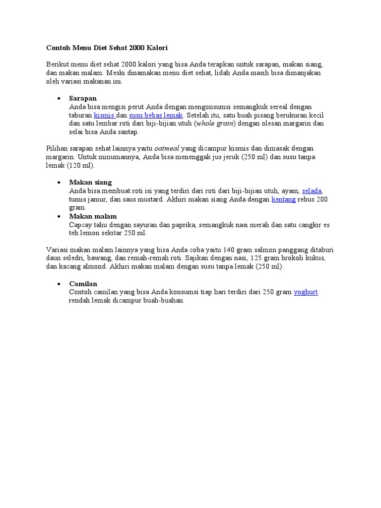 Contoh Menu Diet Sehat 2000 Kalori | PDF