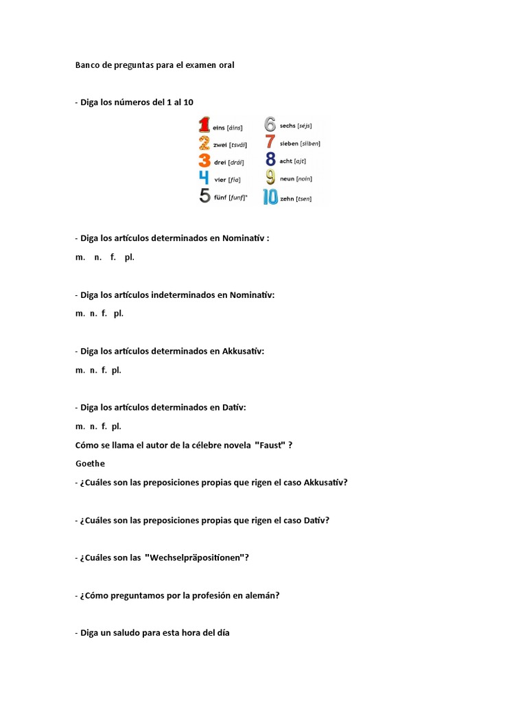 Banco de Preguntas para El Examen Oral Aleman | PDF