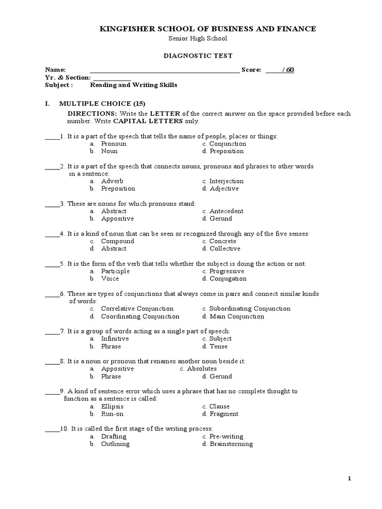 Diagnostic Test-Reading and Writing Skills | PDF | Noun | Pronoun