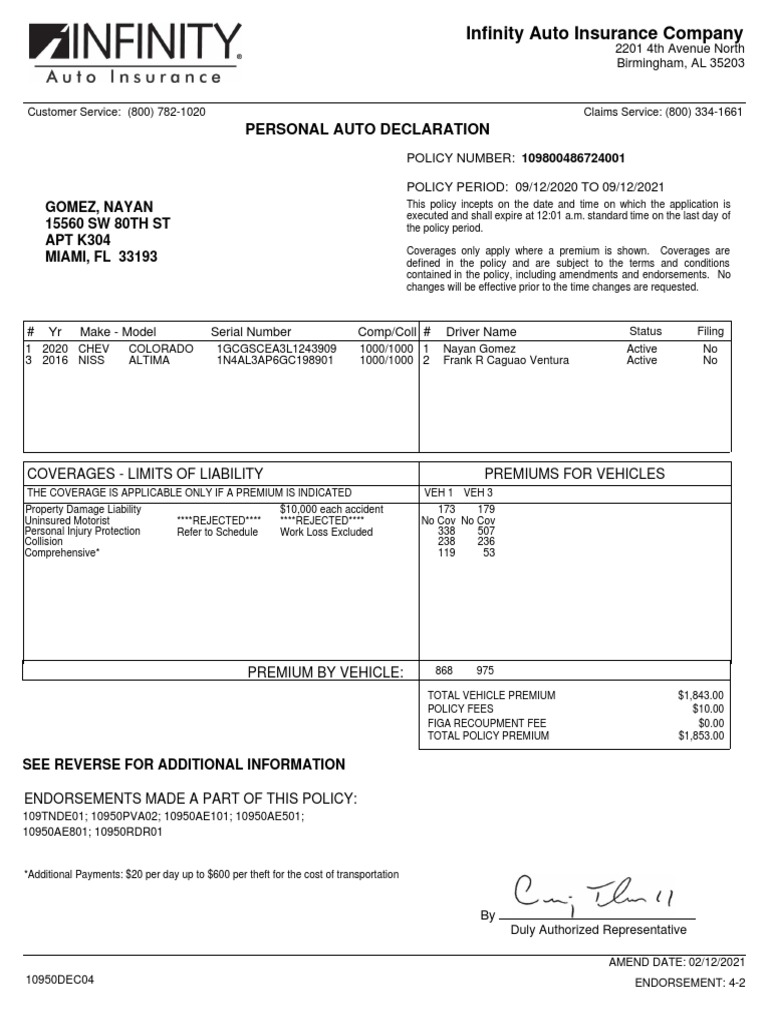 Personal Auto Declaration: Infinity Auto Insurance Company | Download ...