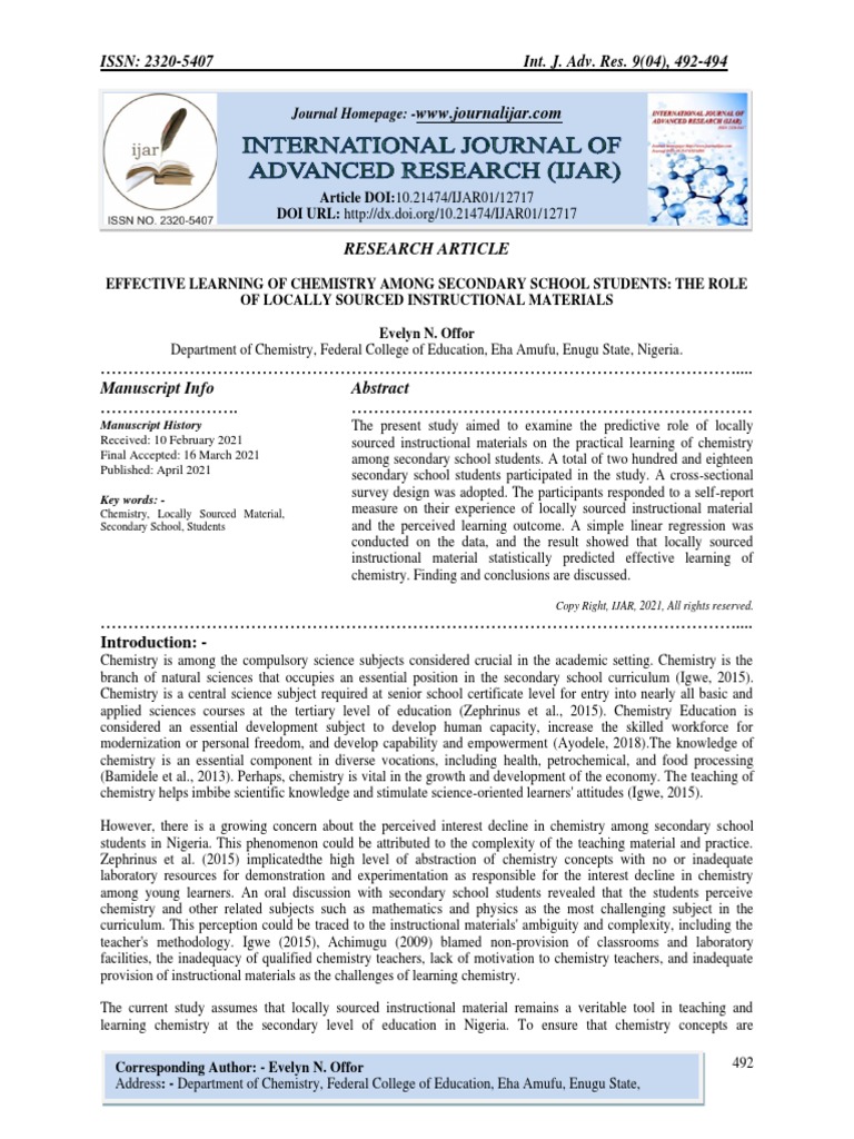 Effective Learning of Chemistry Among Secondary School Students: The ...